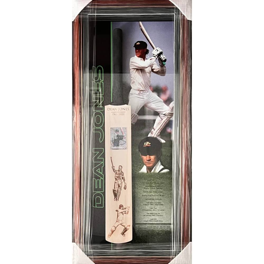 DEAN JONES SIGNED LASER ETCHED BAT FRAMED – Greg Chappell Cricket Centre